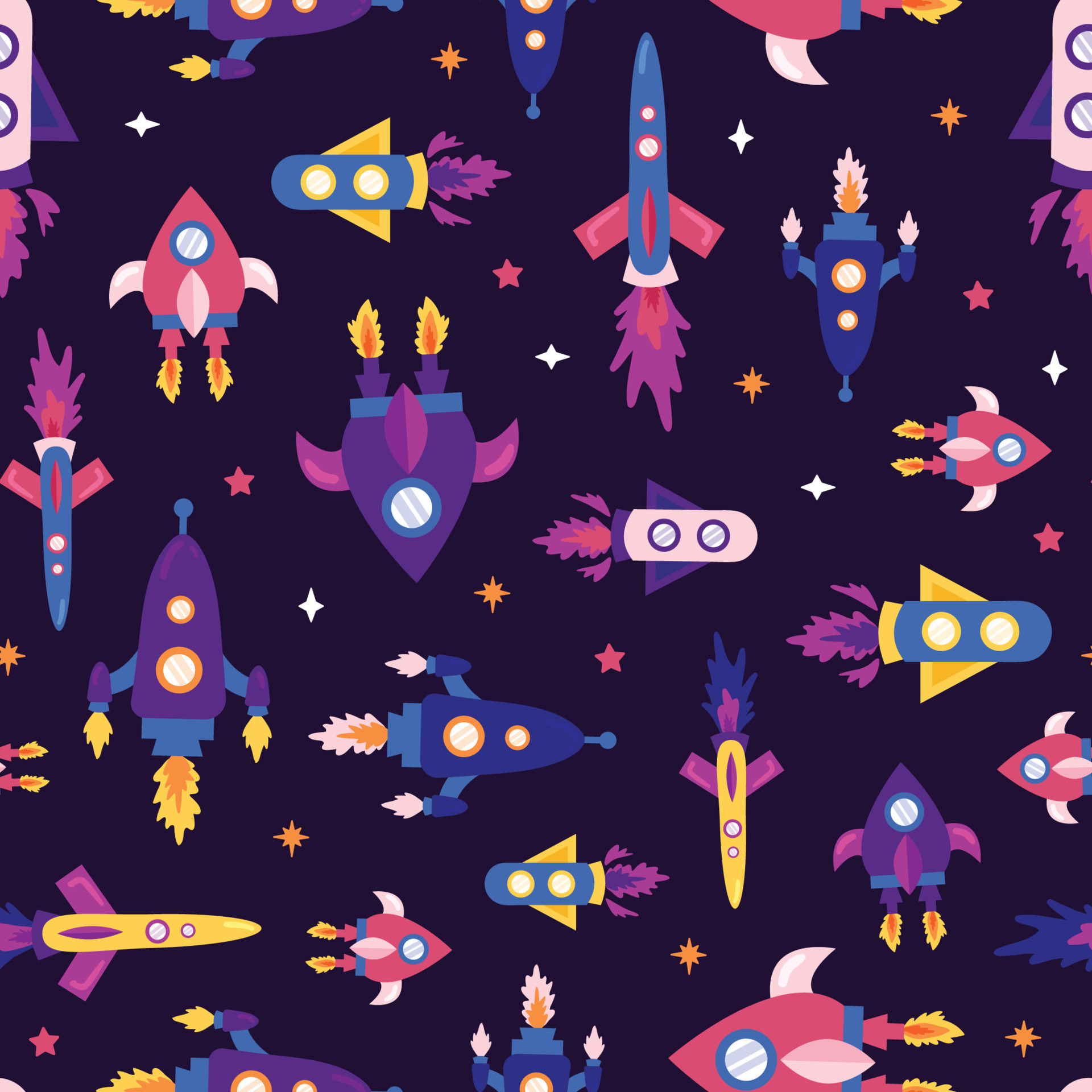 Seamless pattern with colourful rockets on purple nights. Playful ...