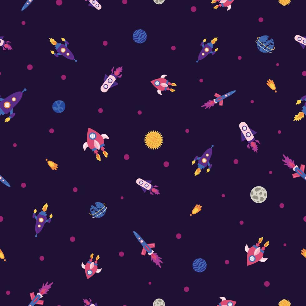 Space elements seamless pattern with cartoon spaceship, rockets, planets, stars, sun on purple ...