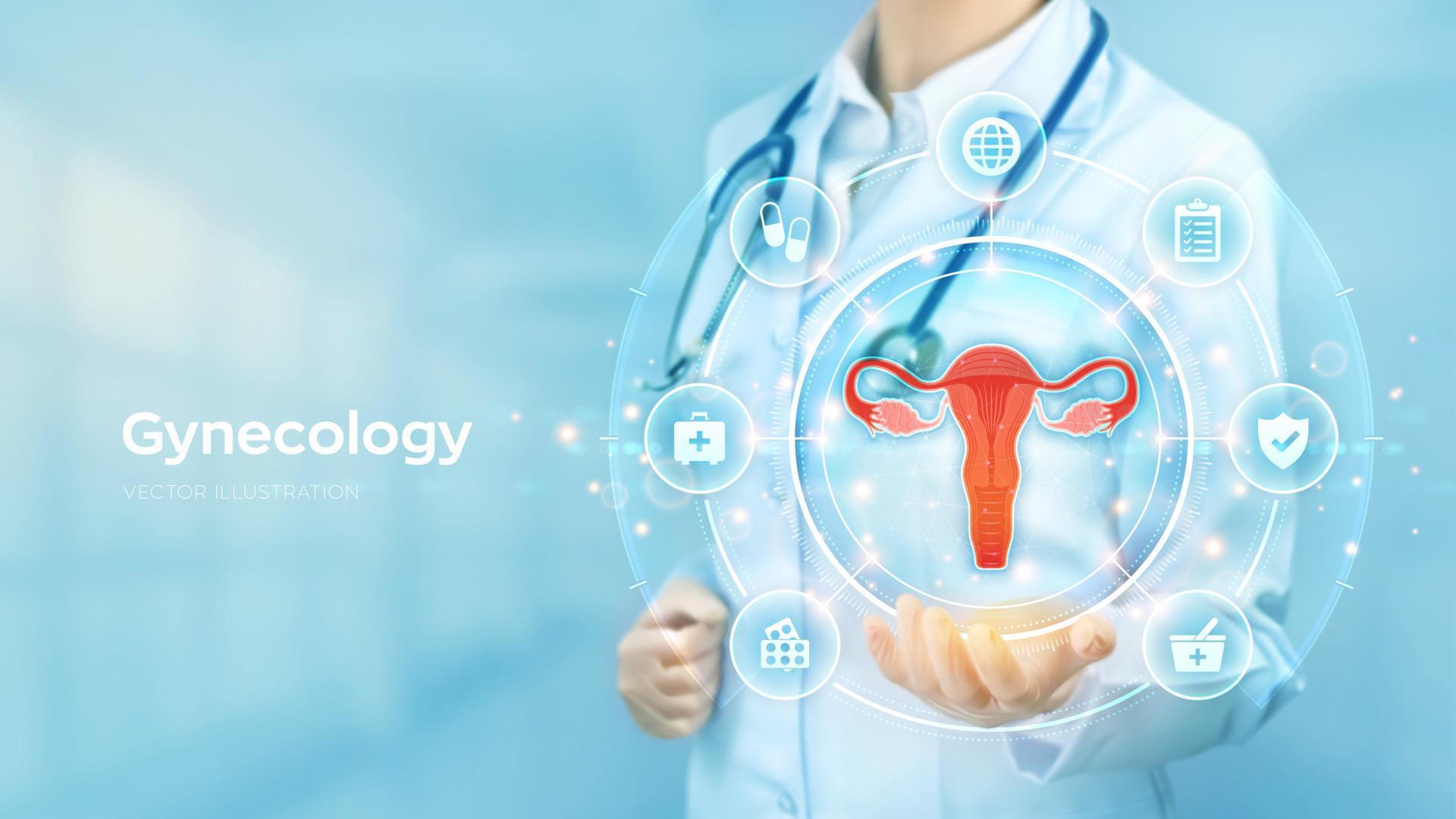Gynecology medicine concept. Women's health. Doctor holding in hand the hologram of Female ...