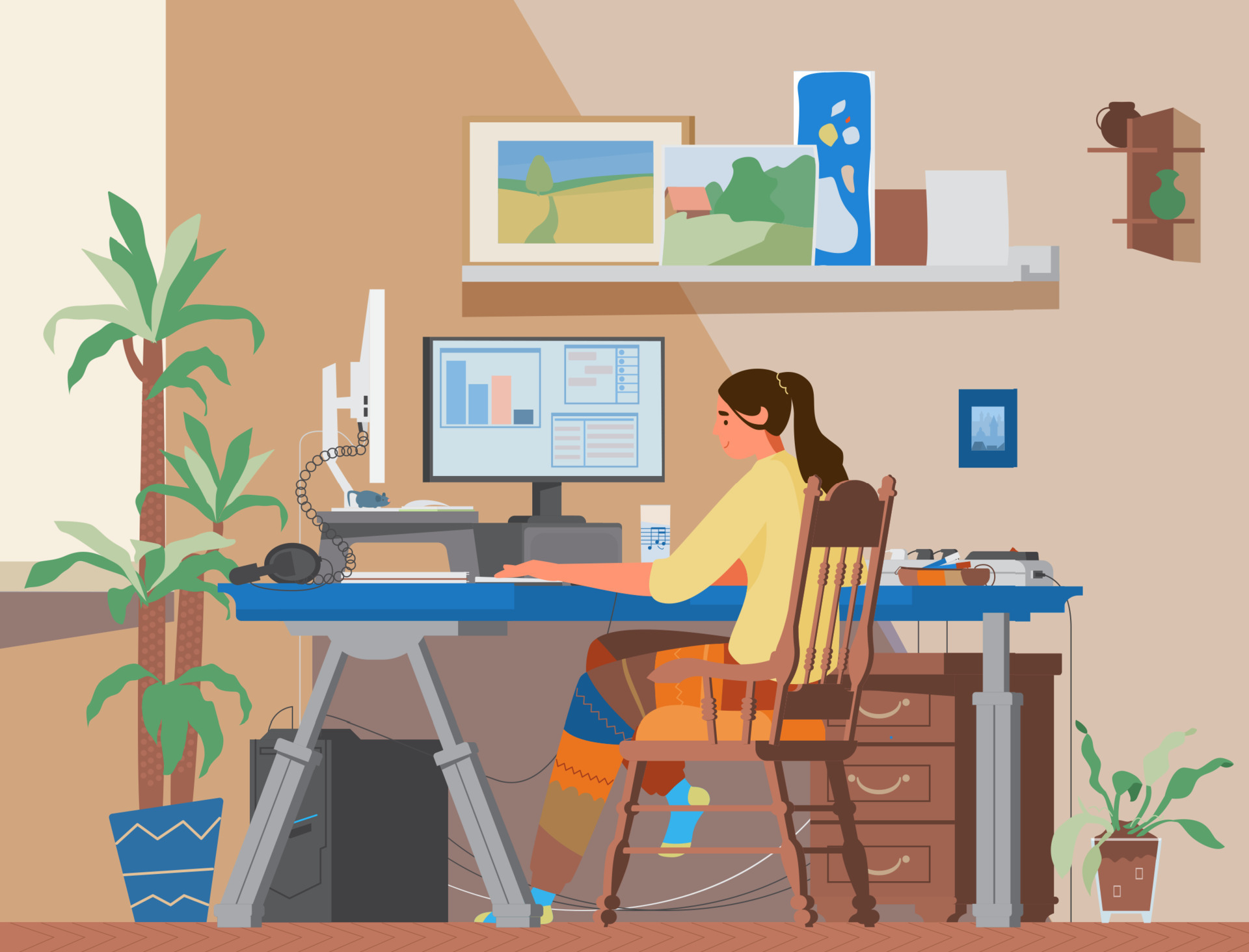 Flat Vector Illustration Woman Freelancer At Remote Job At Home Office ...