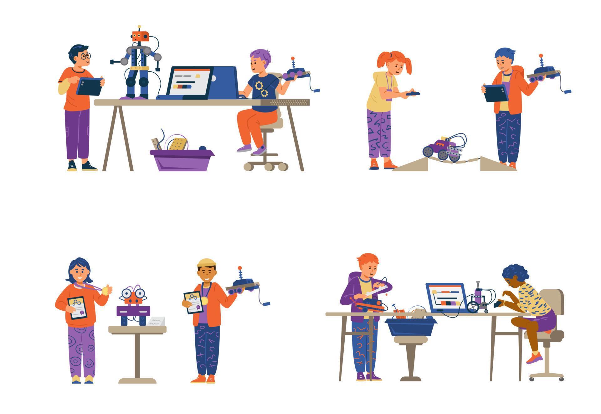 Kids robotics vector set. Boys and girls in pairs programming and ...