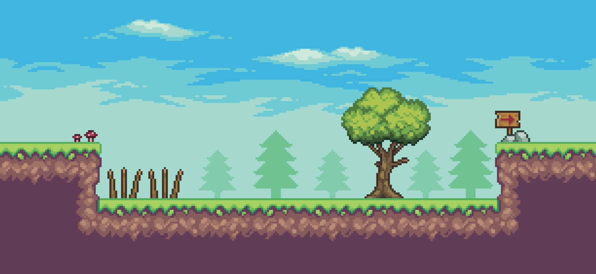 Pixel art arcade game scene with trees, wooden board, trap and clouds 8 ...