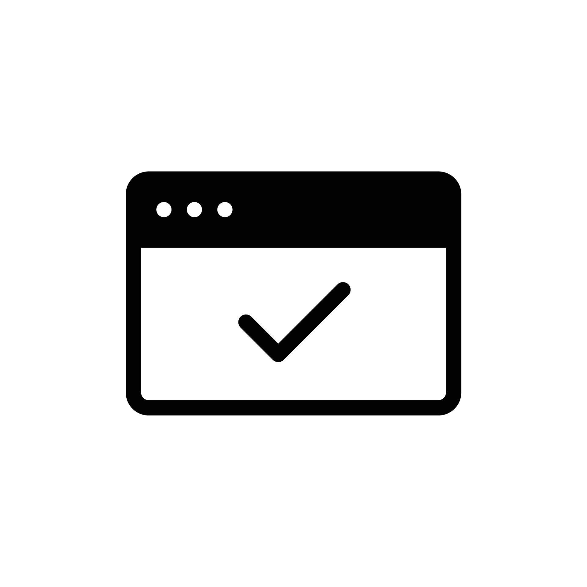 Secure website icon with browser and check mark in black solid style ...