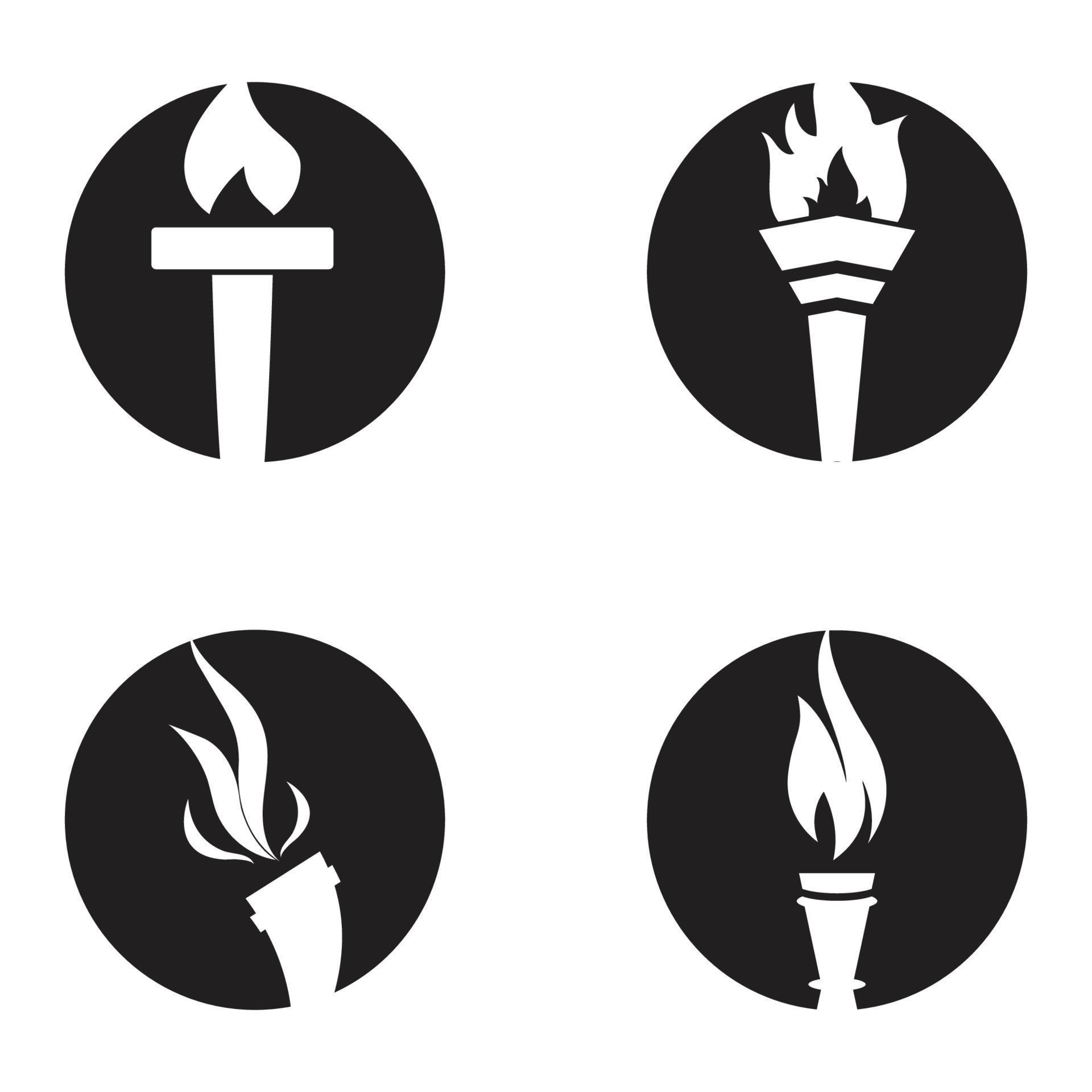 Fire torch with flame flat icons set. Collection of symbol flaming ...