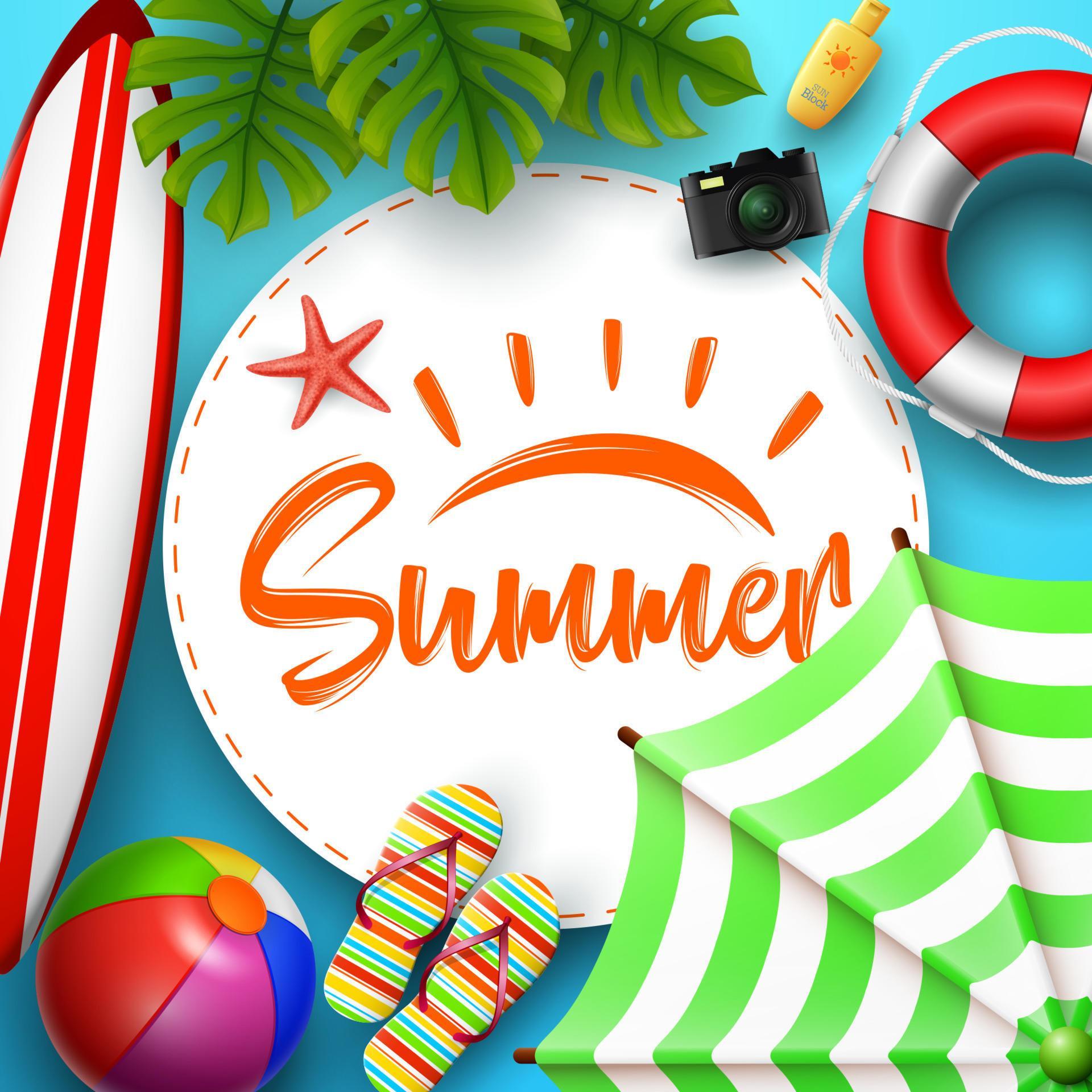 Summer time banner design with white circle for text and beach elements ...