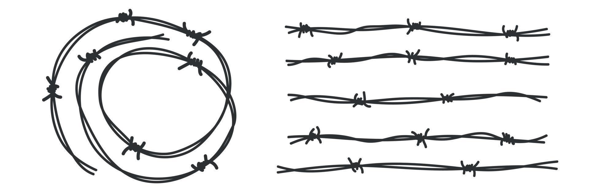 Barbed Wire Circle And Line View Set Fence Barbwire Border Chain Silhouette War Barb Vector