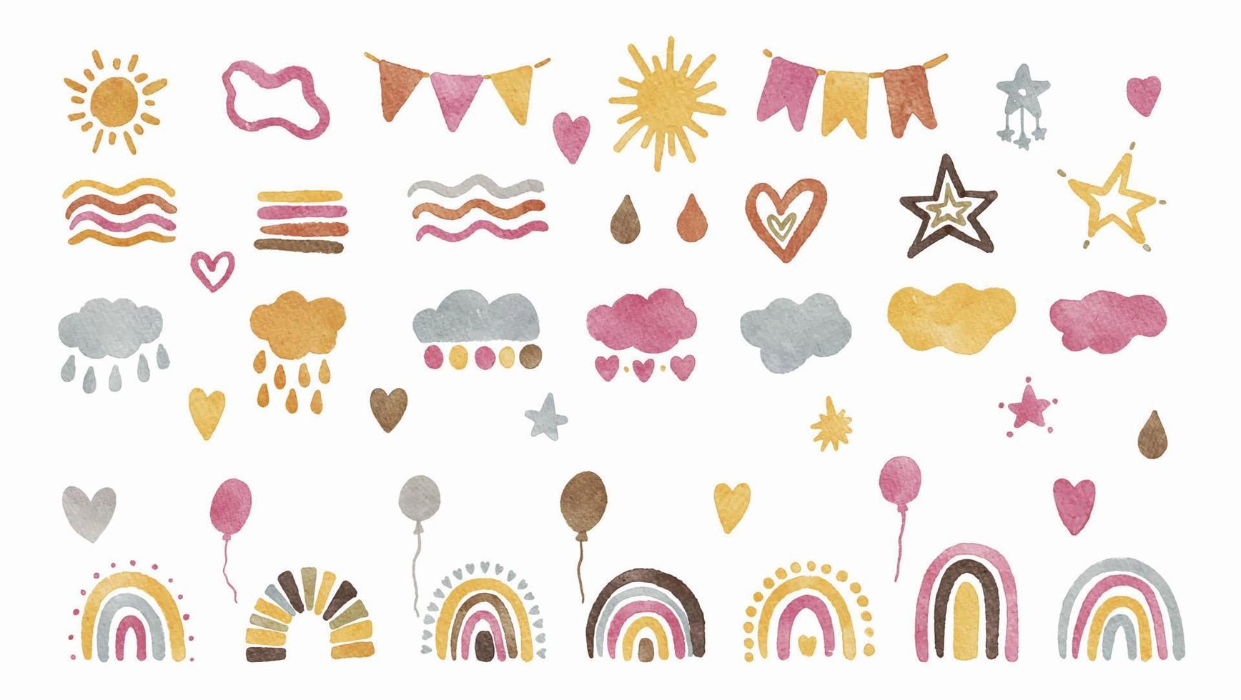Set of stickers rainbow, heart, star, balloon, cloud watercolor ...