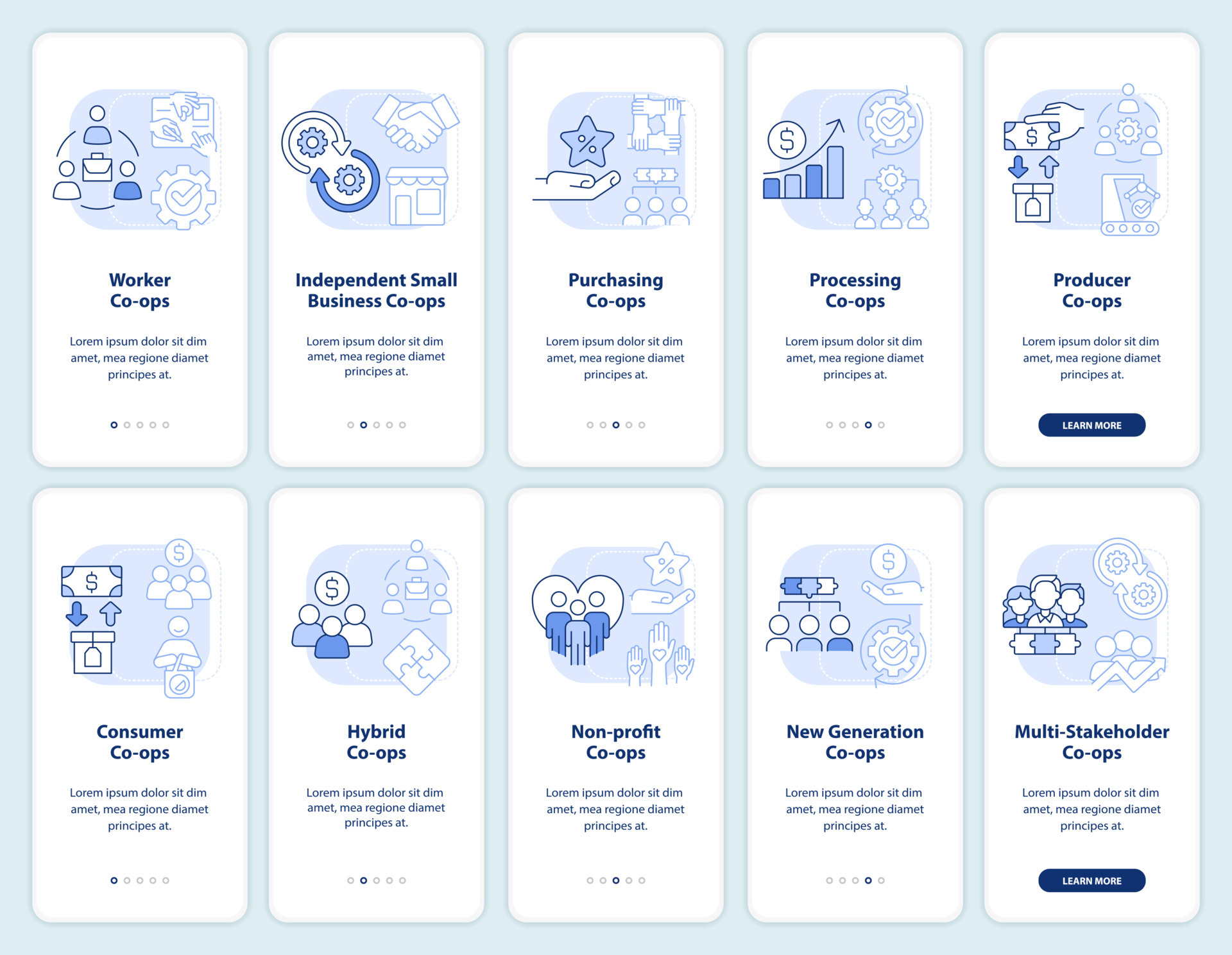 Business Co Ops Types Light Blue Onboarding Mobile App Screen Set Walkthrough 5 Steps Graphic