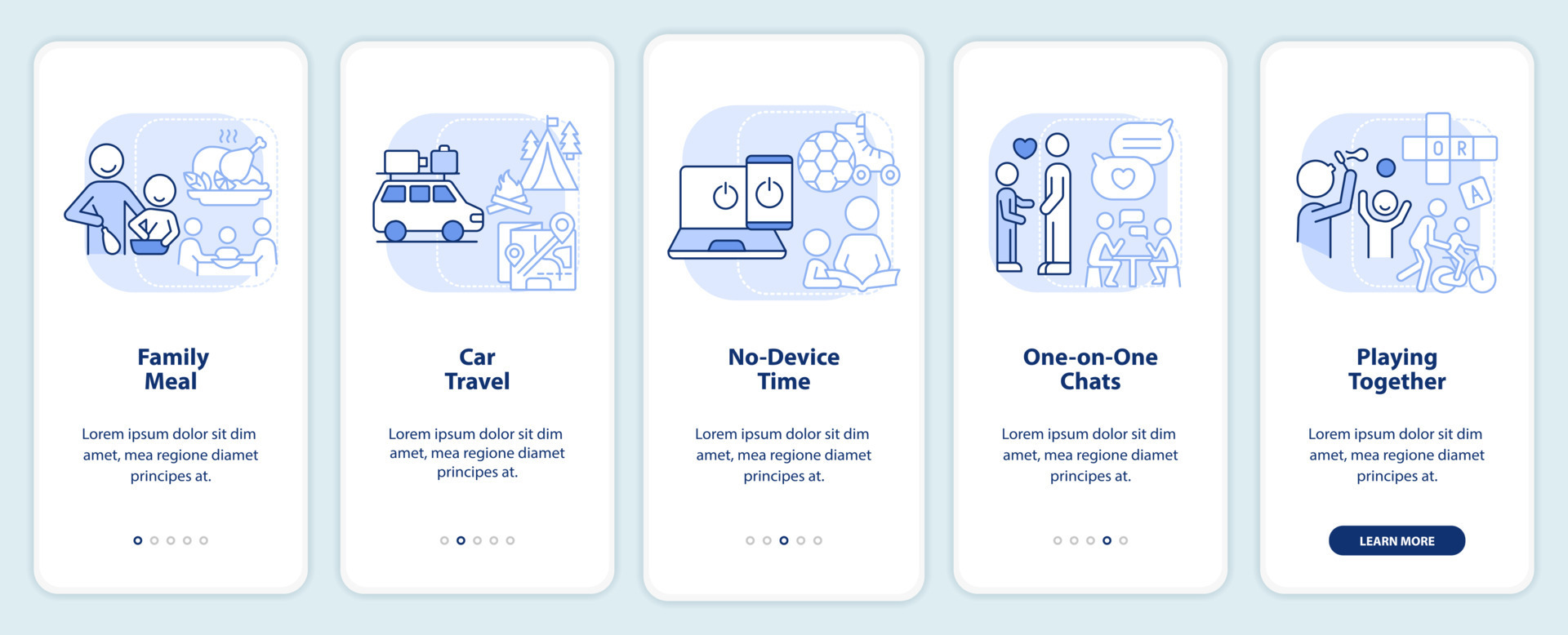 Quality Time Together Light Blue Onboarding Mobile App Screen Walkthrough 5 Steps Graphic