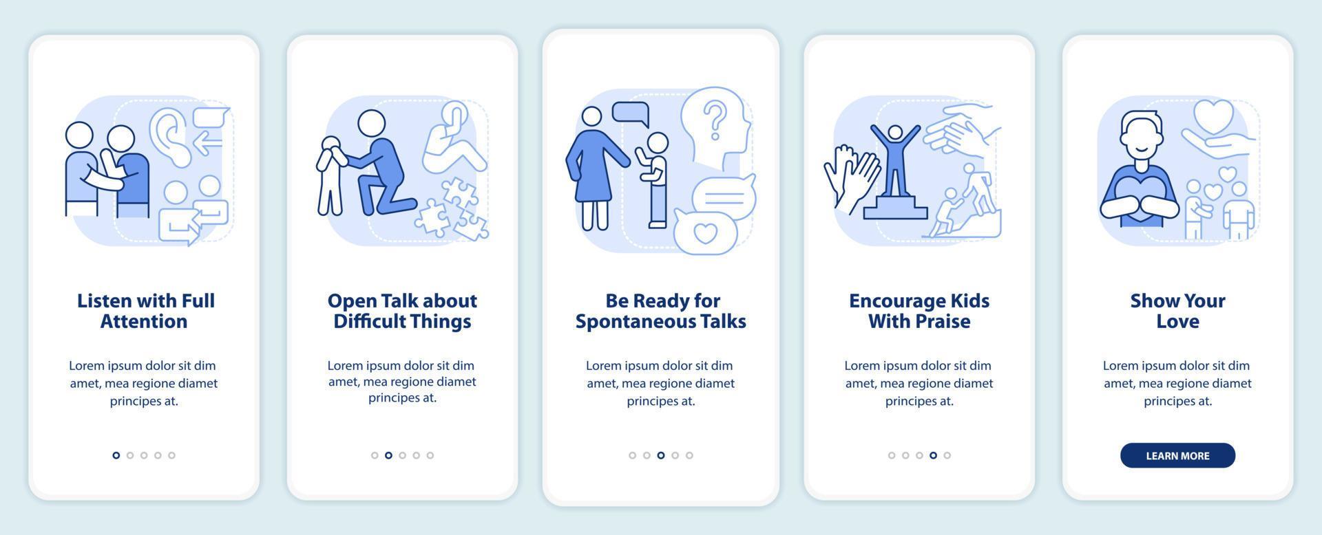 Positive Communication Light Blue Onboarding Mobile App Screen Walkthrough 5 Steps Graphic