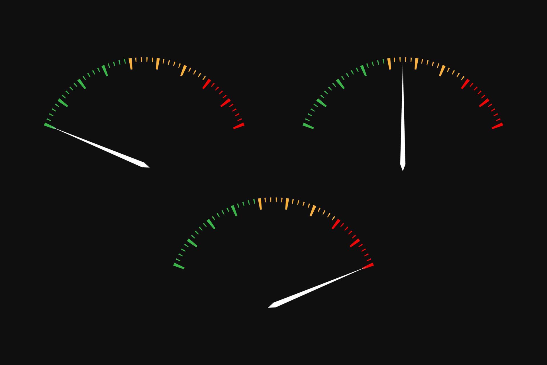 Set of simple vector tachometers with indicators in red, yellow and green part, speedometer icon ...