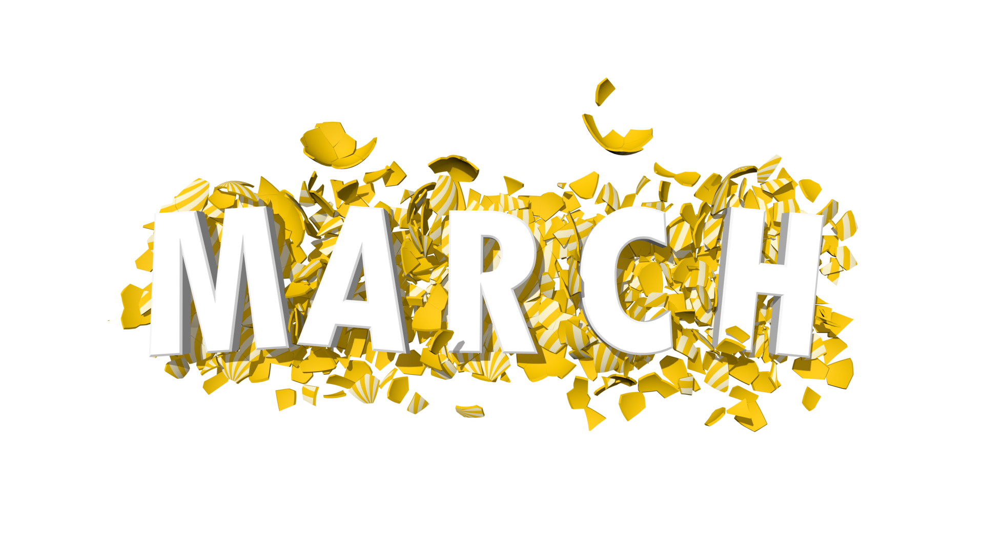 March Yellow Color 3d Text Falling On Easters Broken Eggs Months Name
