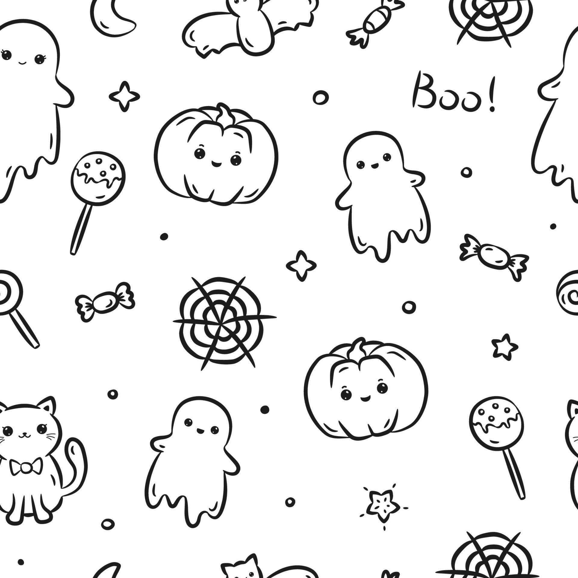 Seamless pattern with pumpkin, ghosts, bat, cat, moon, web, sweets and ...