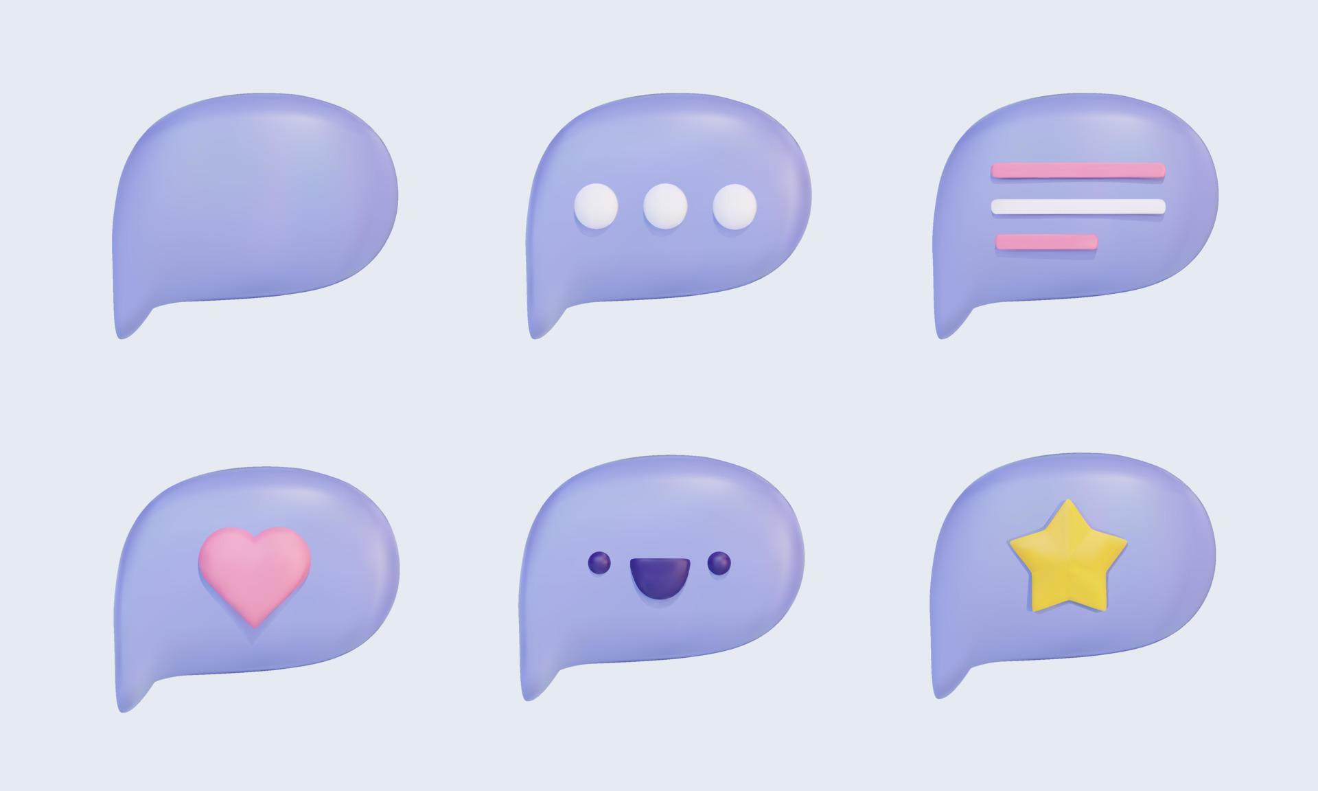3d speech bubbles icons set. Cartoon boxes with lines, dots, heart ...
