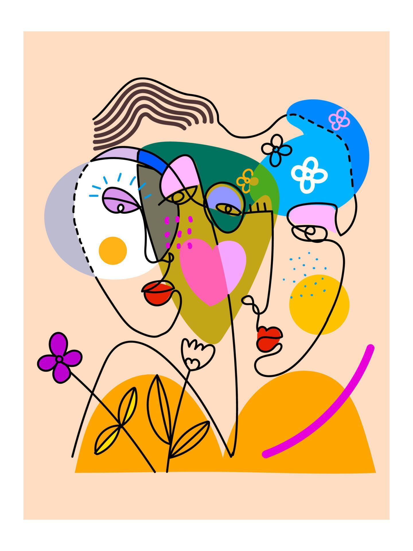 Abstract Face Portrait Man Woman Hand Drawing Vector Illustration Trendy Contemporary Art