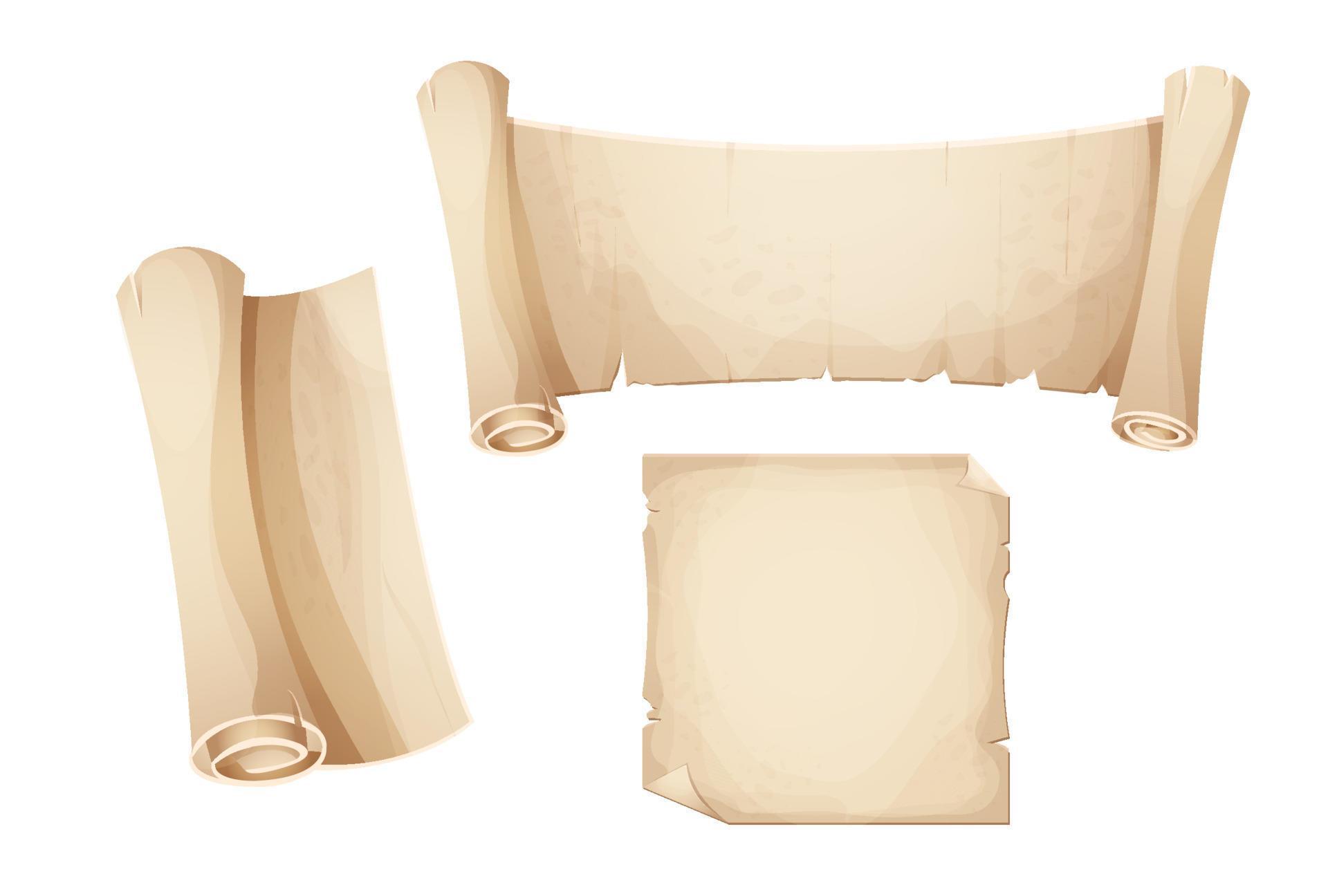 Set ancient old parchment paper, scroll, page empty medieval letter in cartoon style isolated on ...