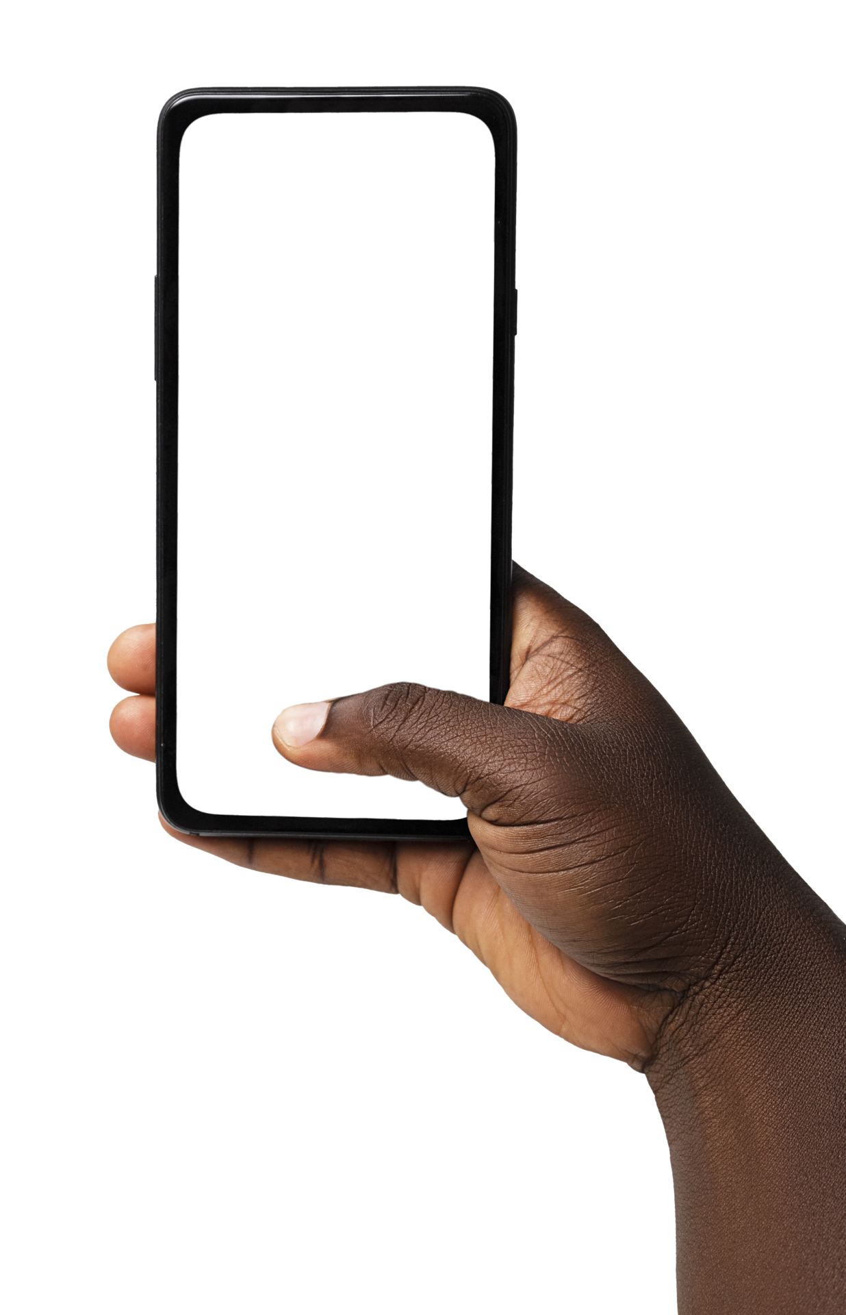 Black hand holding phone facing camera isolated on transparent ... Black hand holding phone facing camera isolated on transparent ...