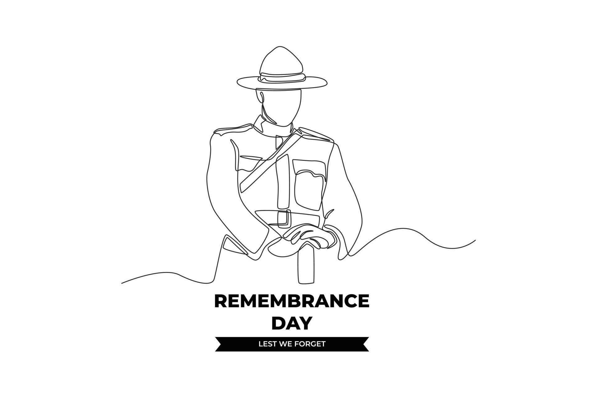 Continuous One Line Drawing A Soldier Bow Their Hands To Remembrance