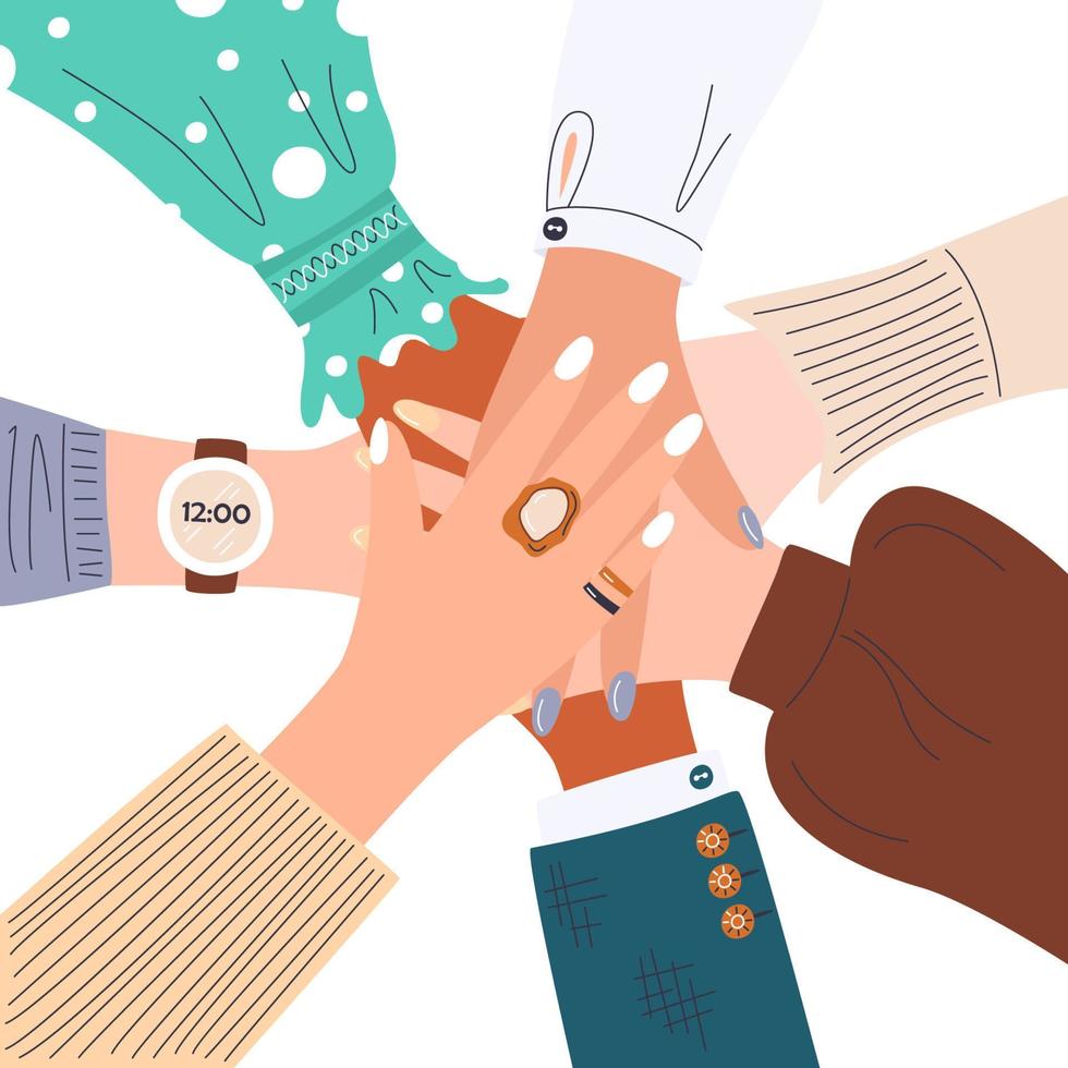 Teamwork and cooperation concept with different female hands in center ...
