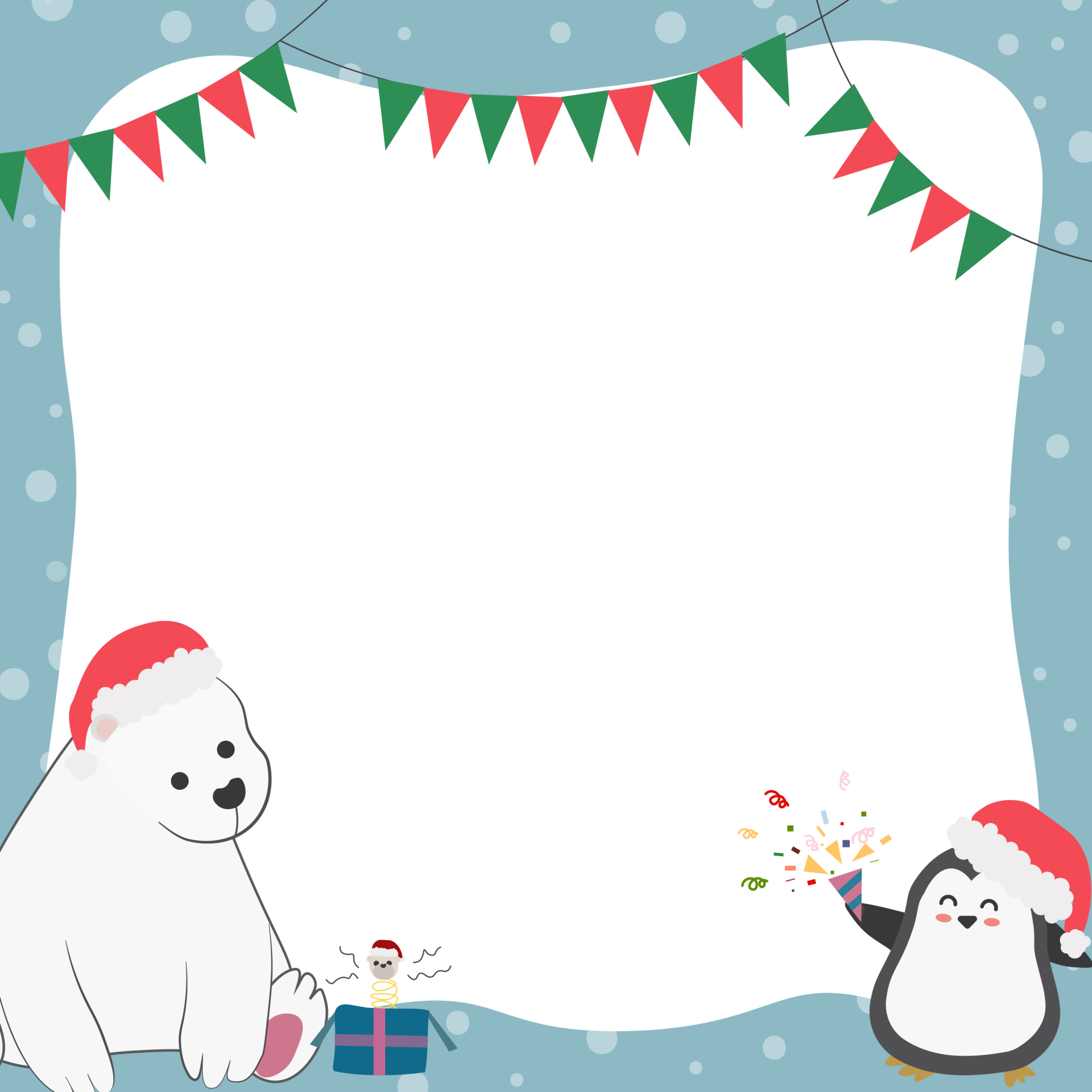 Cute Christmas Polar Bear And Penguin Square Frame With Copy Space
