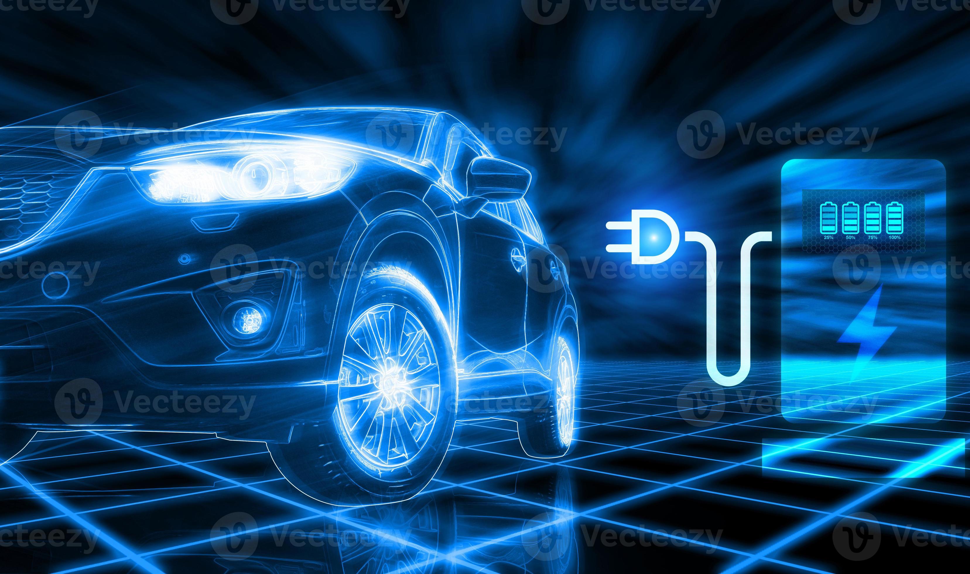EV car in futuristic vehicle concept. Electric car charging station and battery level icon ...