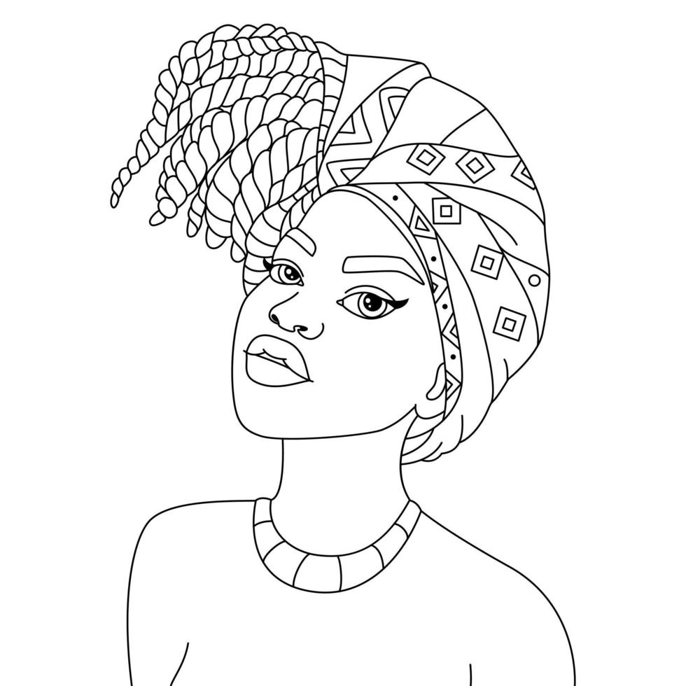 Black Woman With Braids Headwrap Modern Afro Girl Hairstyle Vector Coloring Page Outline