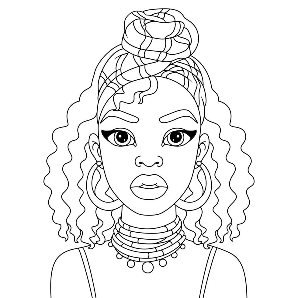 Afro Woman Turban Head Wrap Scarf With Some Ornaments Black Girl Coloring Page Outline