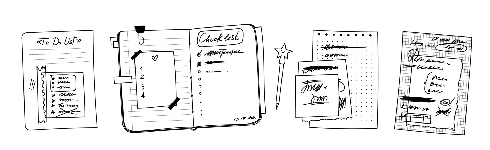 Drawn open notebook, doodle sheets with notes. Clip-in diary bookmarked ...