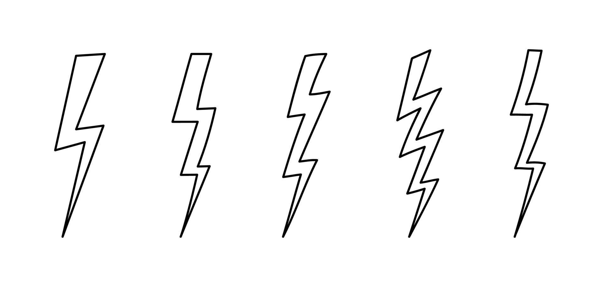 Set of line drawn lightning bolts. A sketch of thunderous lightning of different shapes. Thunder ...
