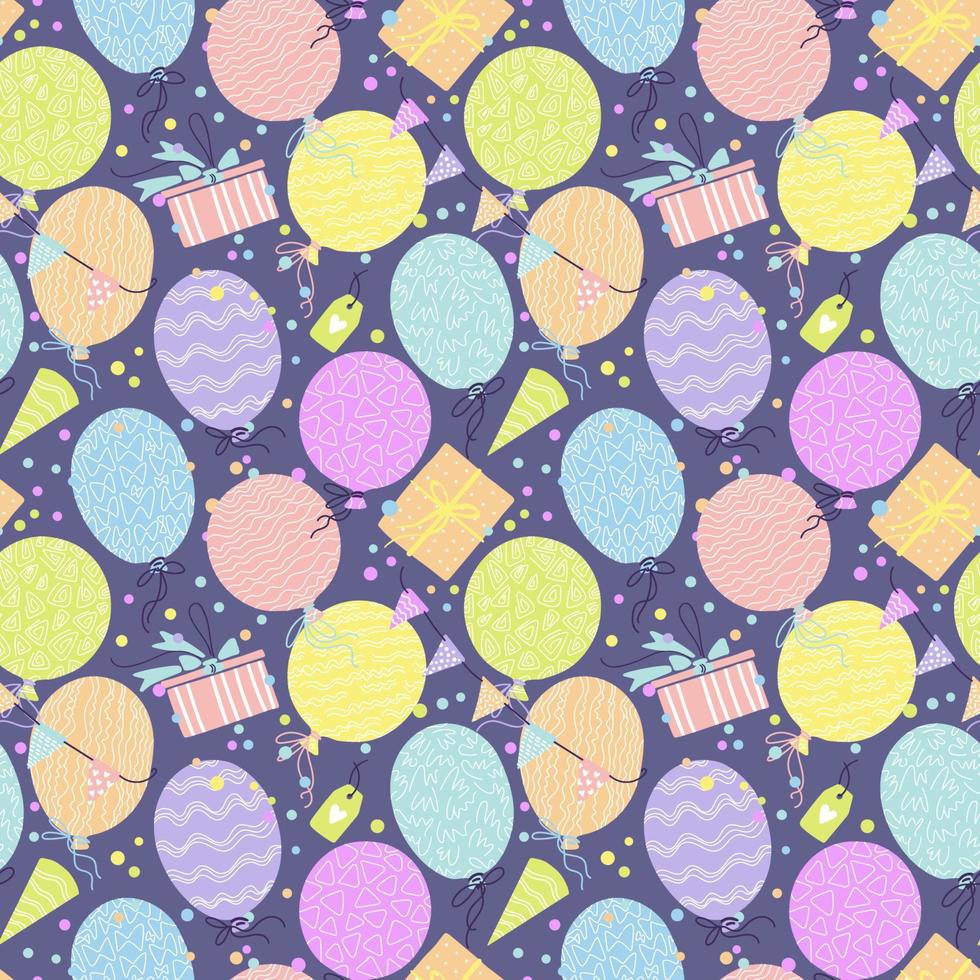 Celebration vector seamless pattern with gift boxes, confetti, balloons. Colorful simple happy ...
