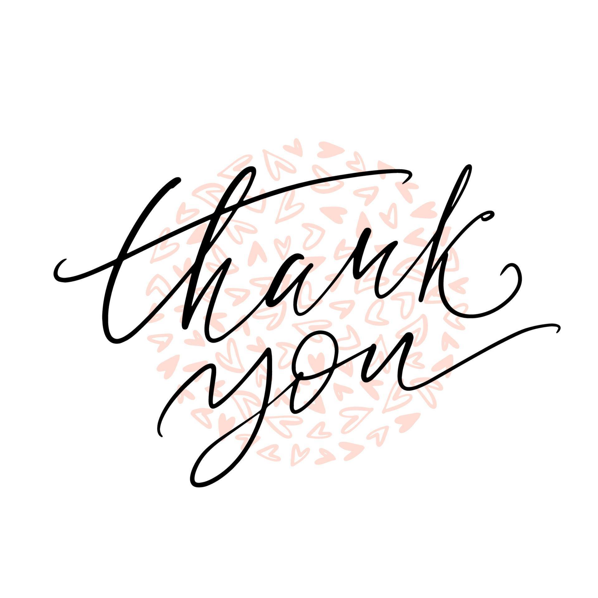 Thank you hand written words on tiny hearts fill round backdrop ...
