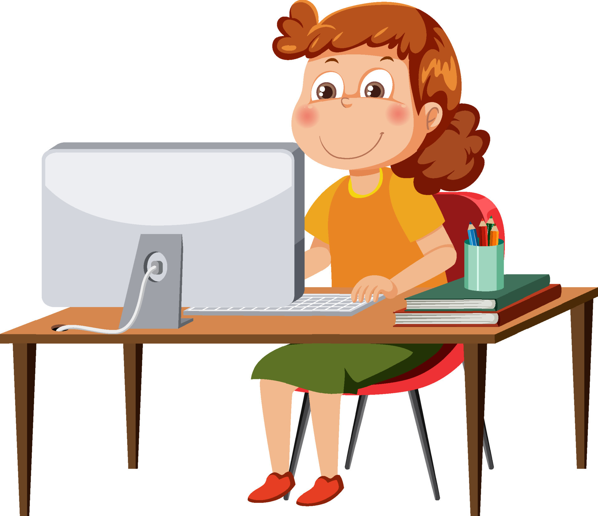 una mujer sentada frente a la computadora 12193111 Vector en Vecteezy