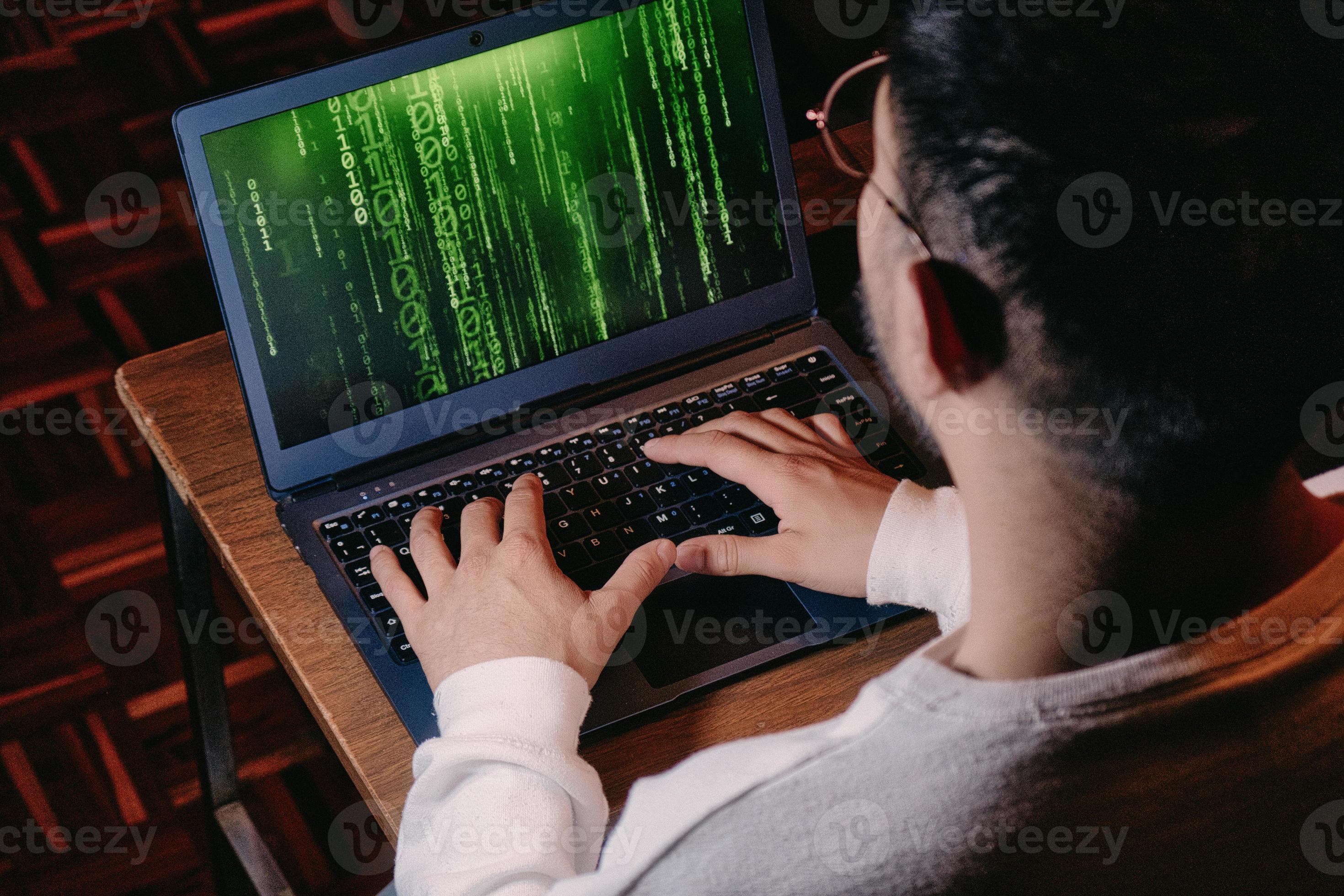 man with computer screen with green binary matrix binary 12216681 Stock Photo at Vecteezy