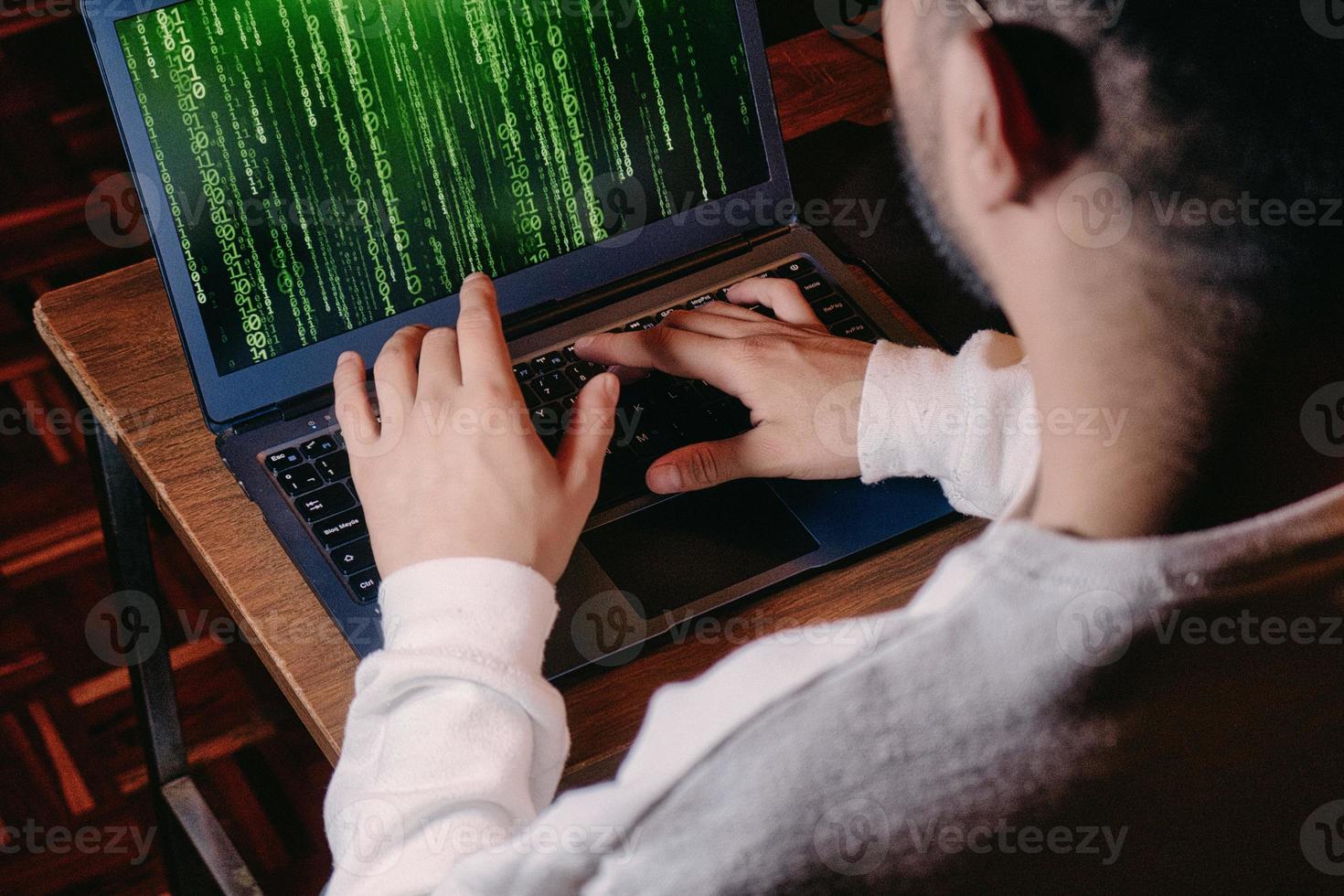 man with computer screen with green binary matrix binary 12217330 Stock Photo at Vecteezy