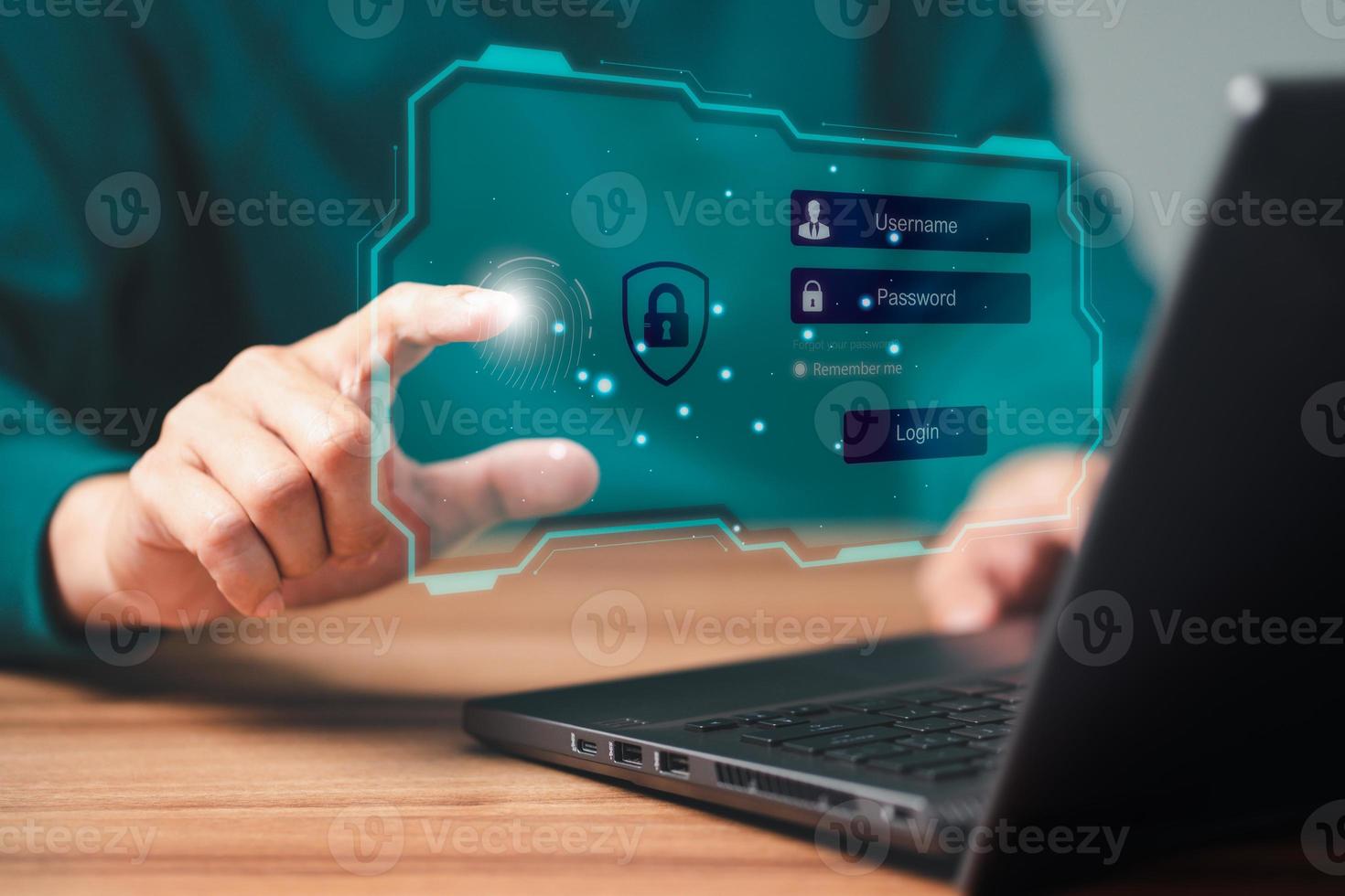 Man Login With Fingerprint Scanning Technology In The Computer Secure