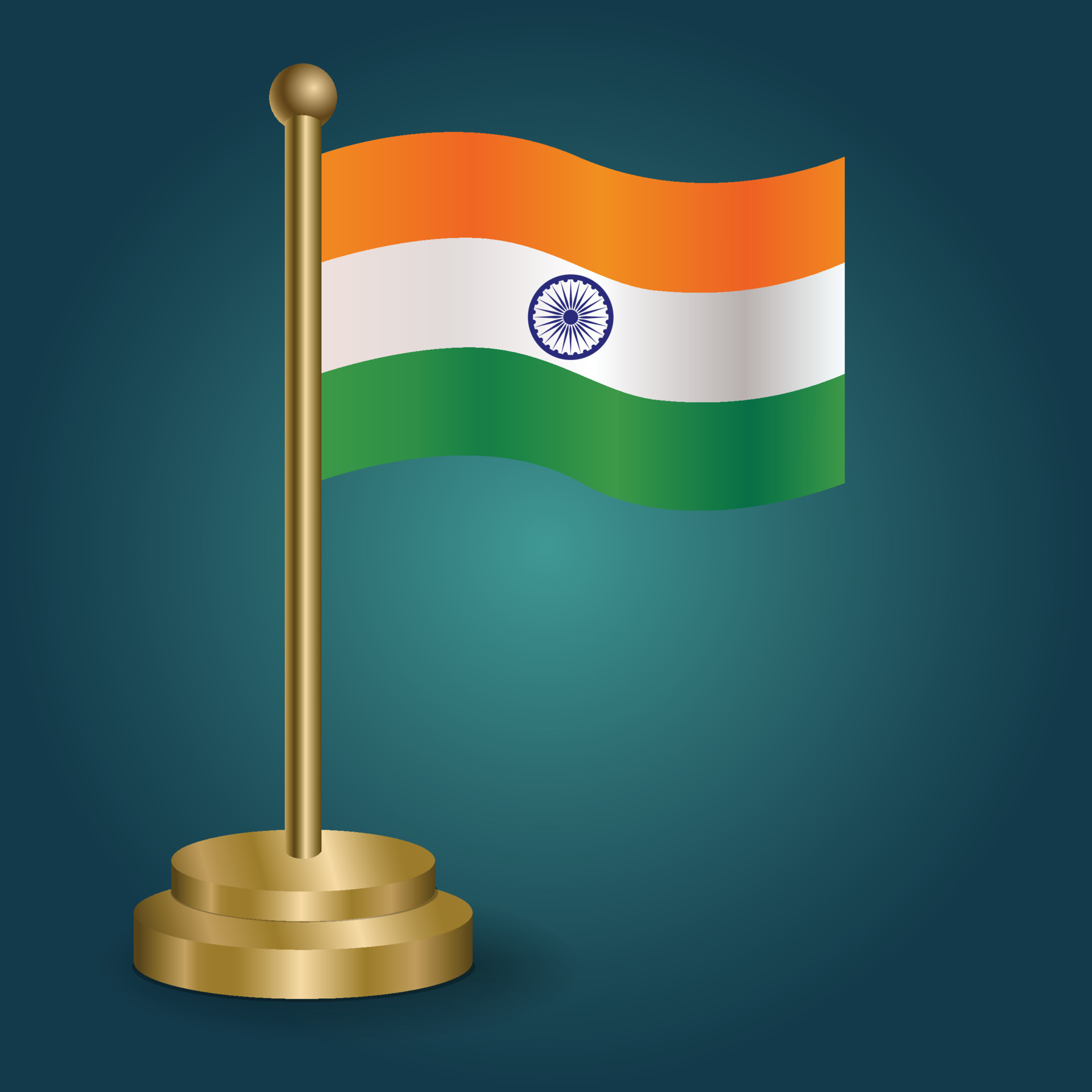India national flag on golden pole on gradation isolated dark background. table flag, vector ...