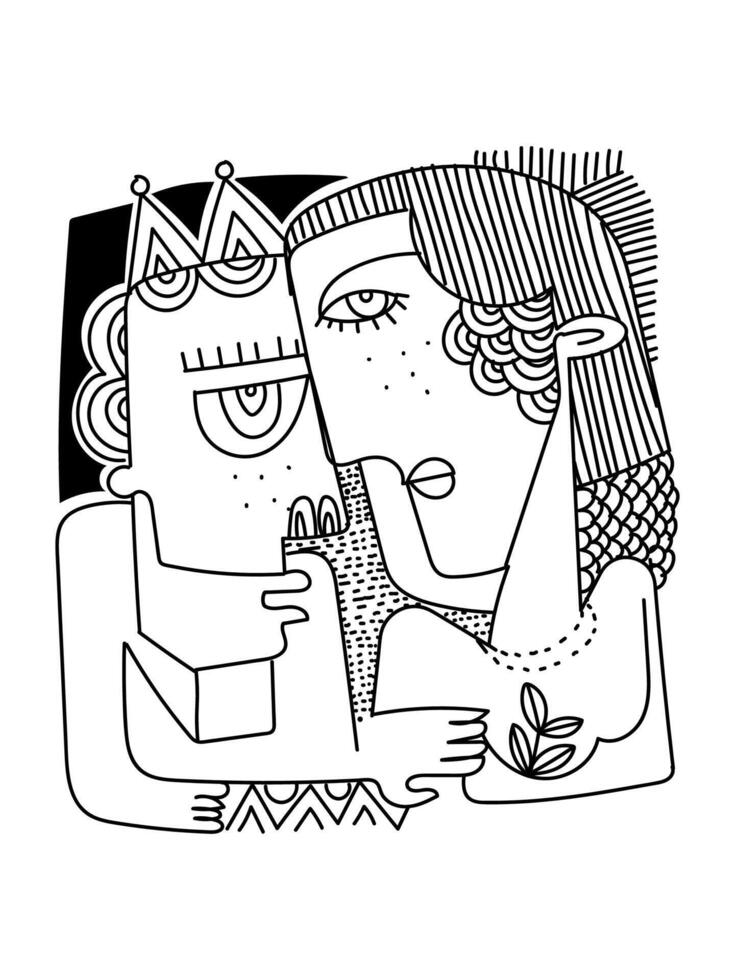 Abstract Portrait Man Woman Hand Drawing Lines Cubism Black And White Vector Illustration