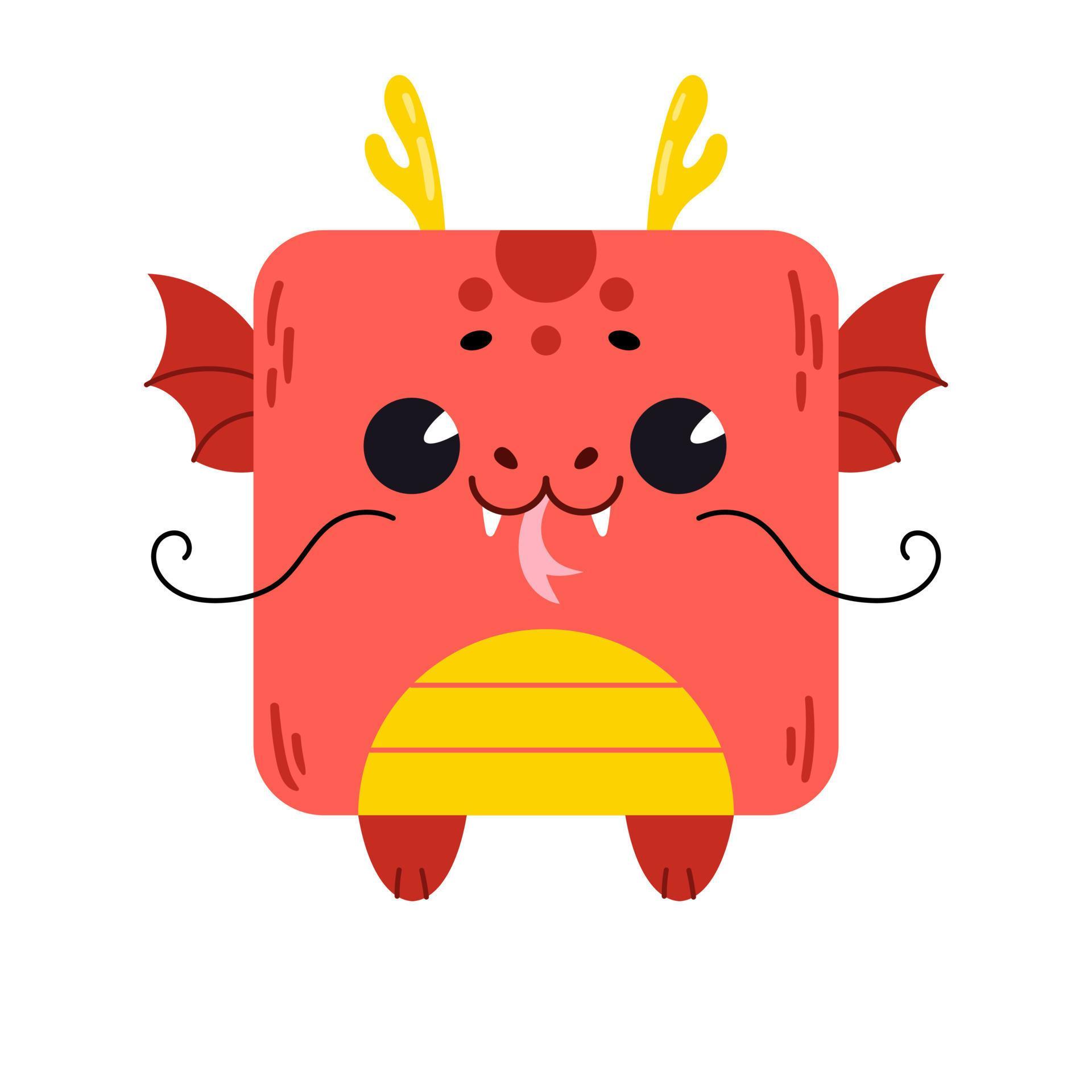 A cartoon cute dragon with a square shape. Square icon for apps or ...