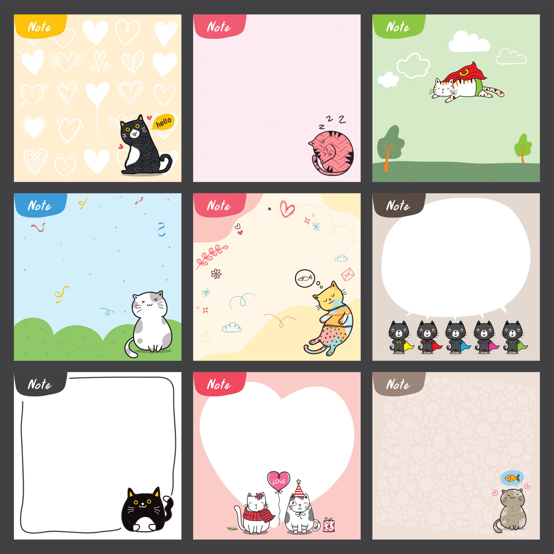 9 Beautiful Cute Cartoon Cat Pattern Note Paper Pattern Vector 9 Style 12284591 Vector Art At
