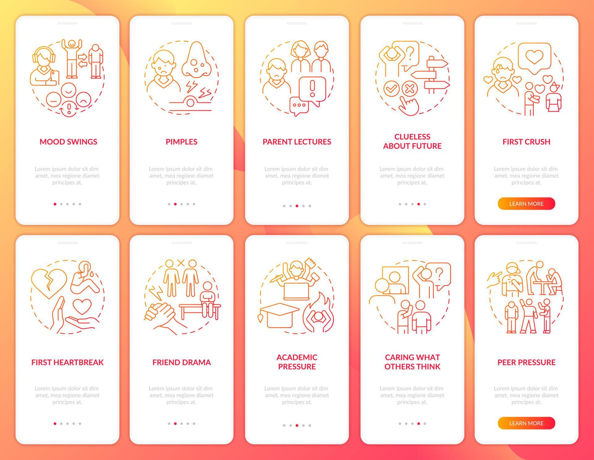 Difficulties Of Teenage Life Red Gradient Onboarding Mobile App Screen