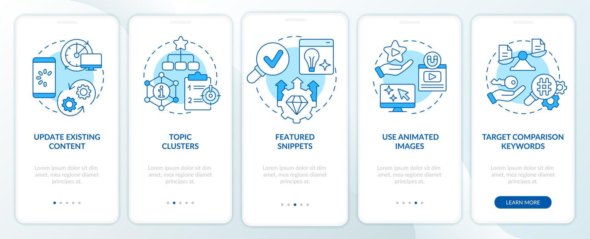 Advanced Seo Techniques Blue Onboarding Mobile App Screen Walkthrough 5 Steps Editable Graphic