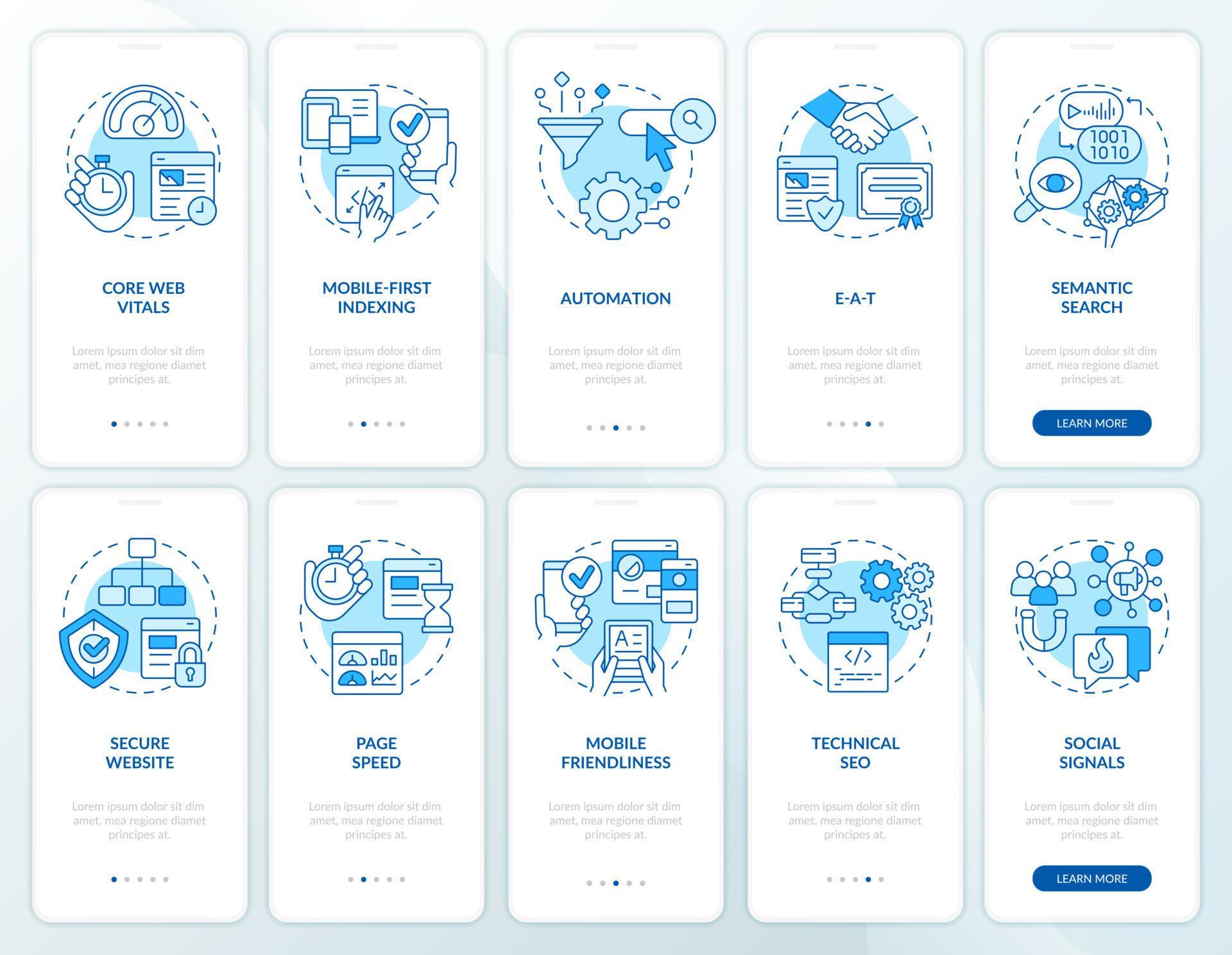 Search Engine Optimization Blue Onboarding Mobile App Screen Set Walkthrough 5 Steps Editable