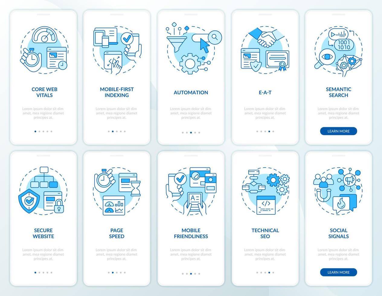 Search Engine Optimization Blue Onboarding Mobile App Screen Set Walkthrough 5 Steps Editable