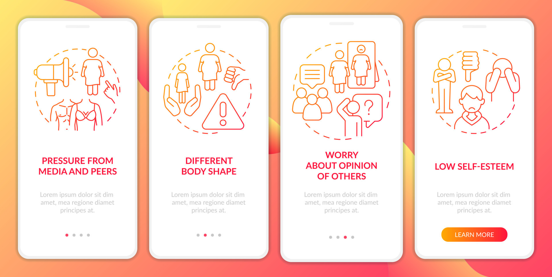 Teenager With Body Image Issues Red Gradient Onboarding Mobile App Screen Walkthrough 4 Steps