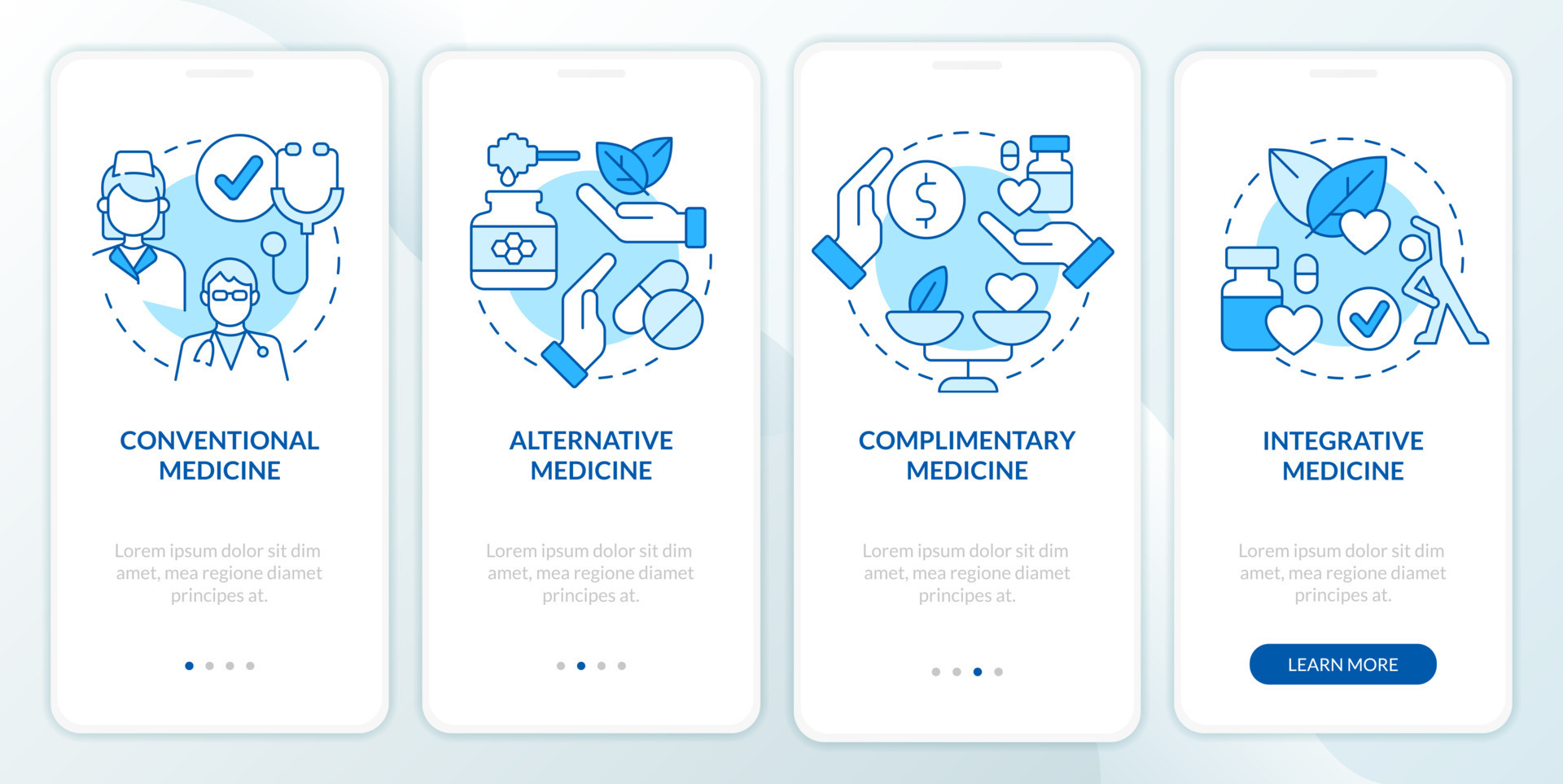 Types Of Healthcare Approaches Blue Onboarding Mobile App Screen Walkthrough 4 Steps Editable