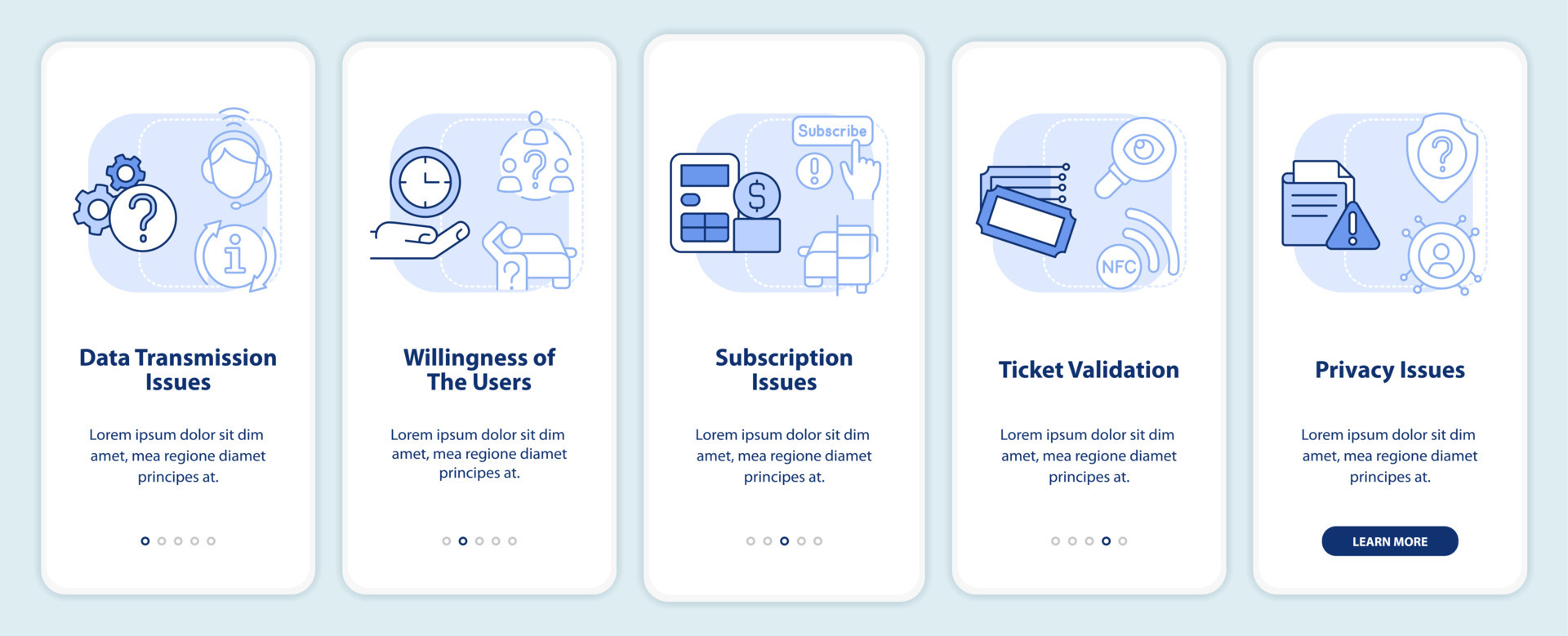 Maas Issues Light Blue Onboarding Mobile App Screen Disadvantages Walkthrough 5 Steps Editable