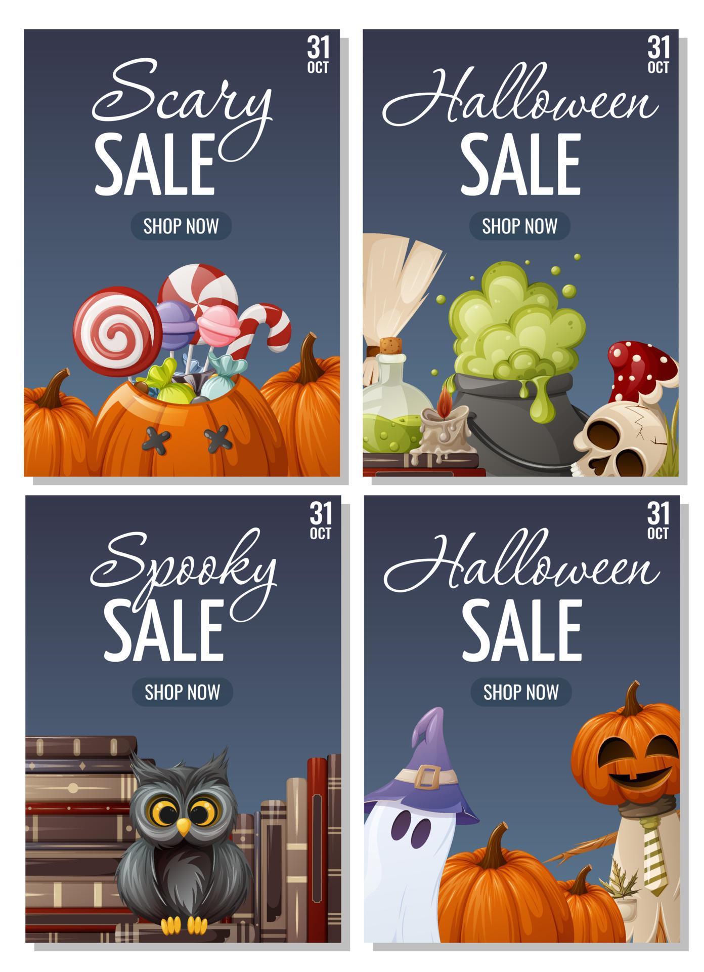Halloween sale poster set. Pumpkins with sweet treat, bookstore and owl ...