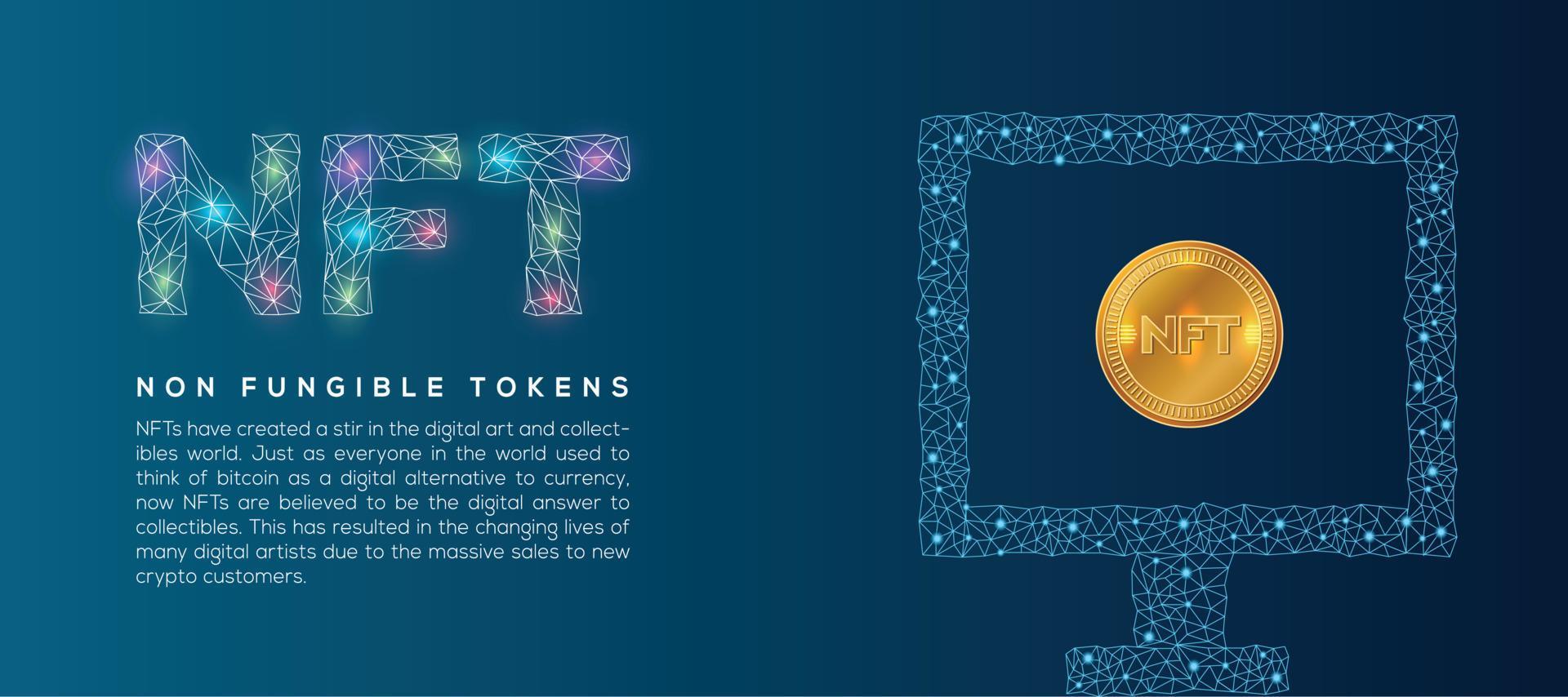 NFT non-fungible tokens wallpaper with node connected computer and gold NFT coin 12321637 Vector ...