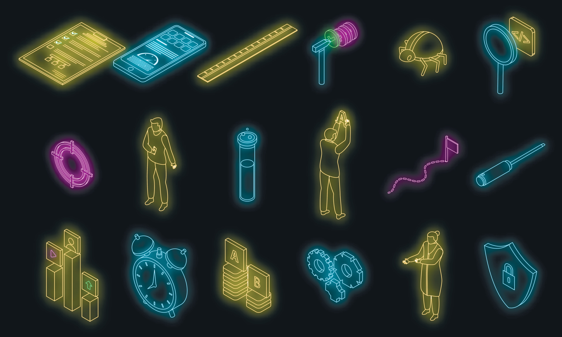 Testing Software Icons Set Vector Neon 12331819 Vector Art At Vecteezy