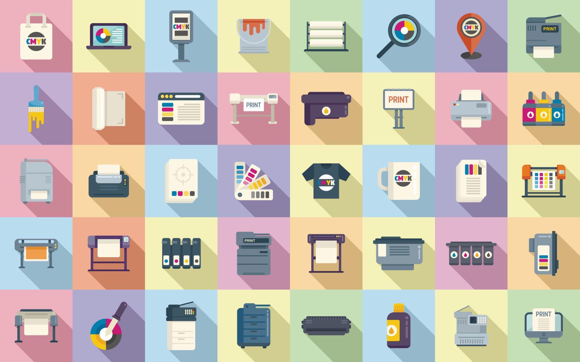 Digital printing icons set flat vector. Computer printer 12332243 Vector Art at Vecteezy